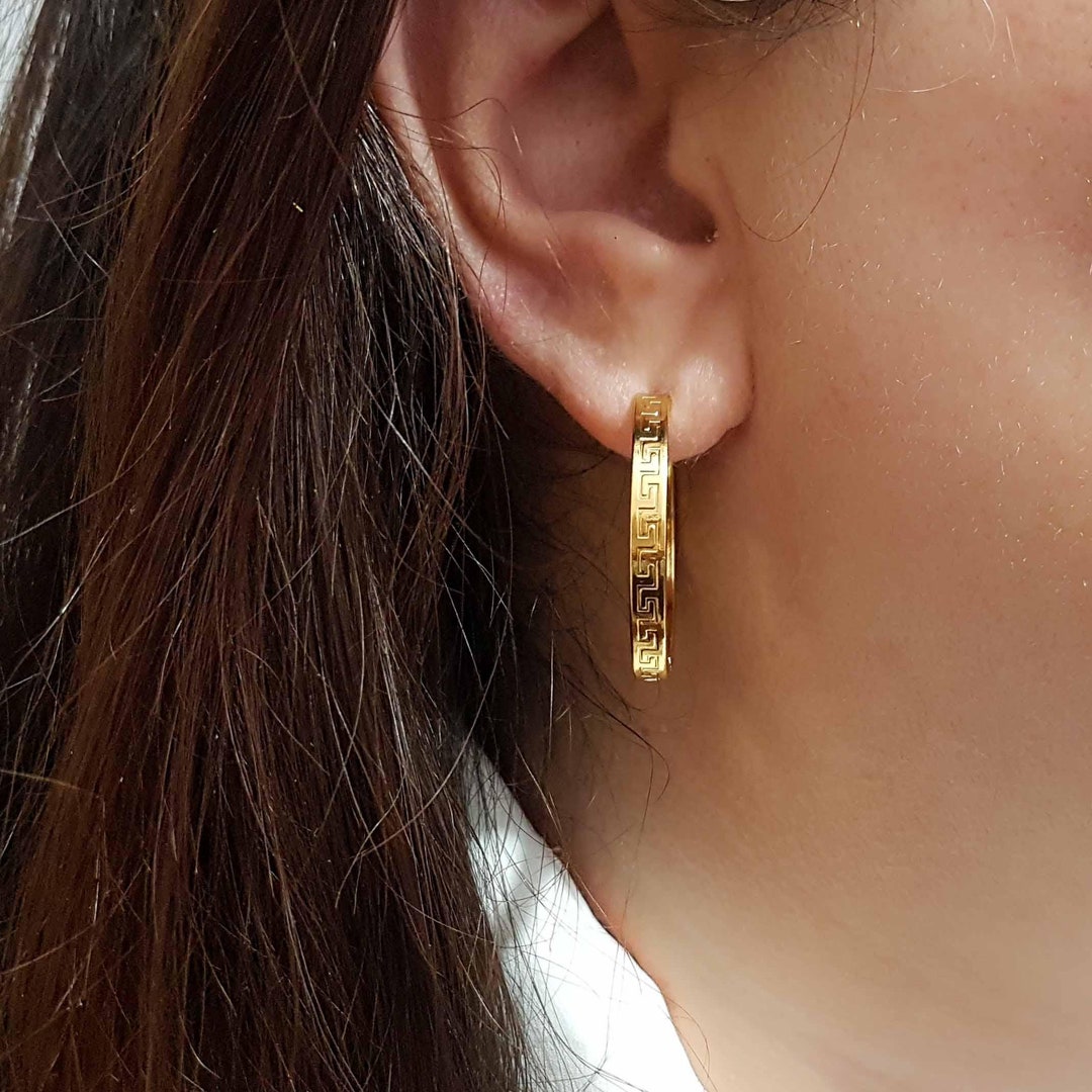 Greek Infinity Hoops, Ancient Greek Symbol Earrings, Meander Gold Earrings, Gift for Her, Greek ...