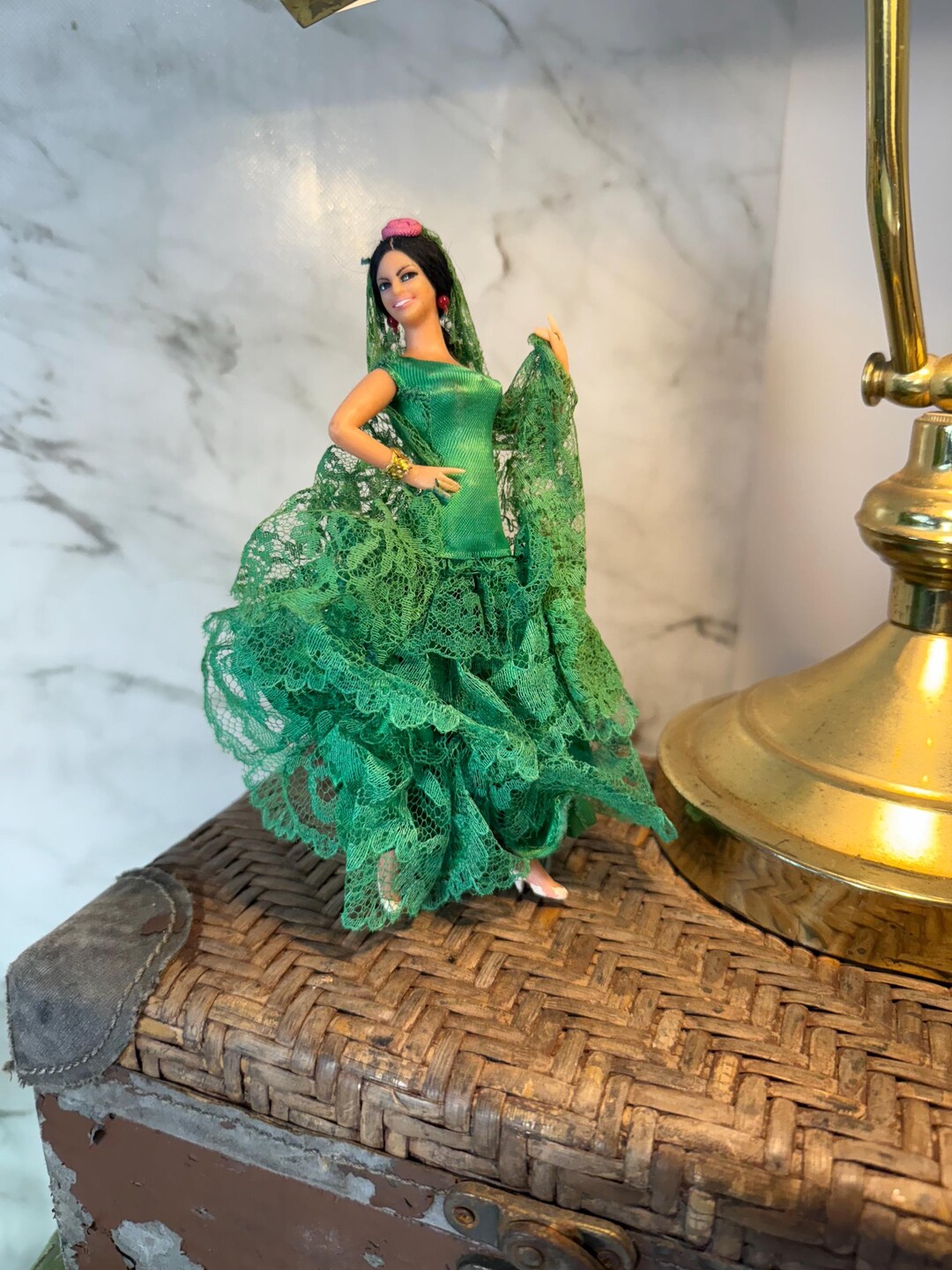 Vintage Flamenco Spanish Dancer Doll 7” Tall Green Lace and Satin Dress ...