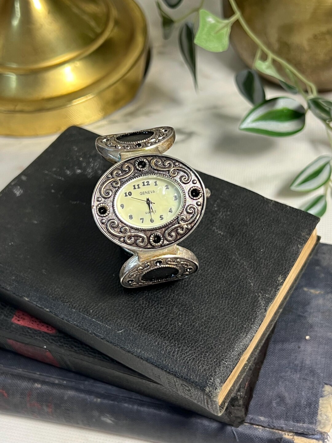 Vintage Geneva Ornate Cuff Watch Rhinestones Silver Tone Cutout Metal ...
