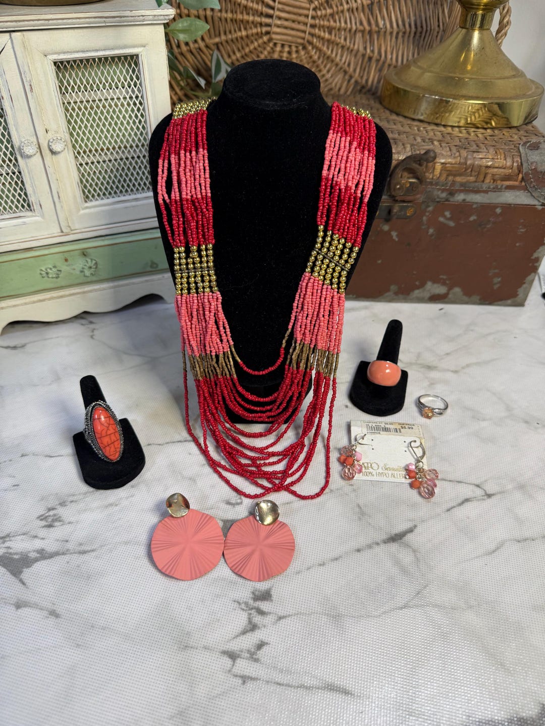 Bold Vintage Pink and Red Beaded Necklace Set With Statement Earrings ...