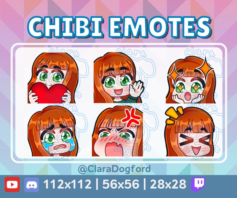 Cute Girl Chibi Twitch Emote Pack Red Ginger Hair Long Etsy