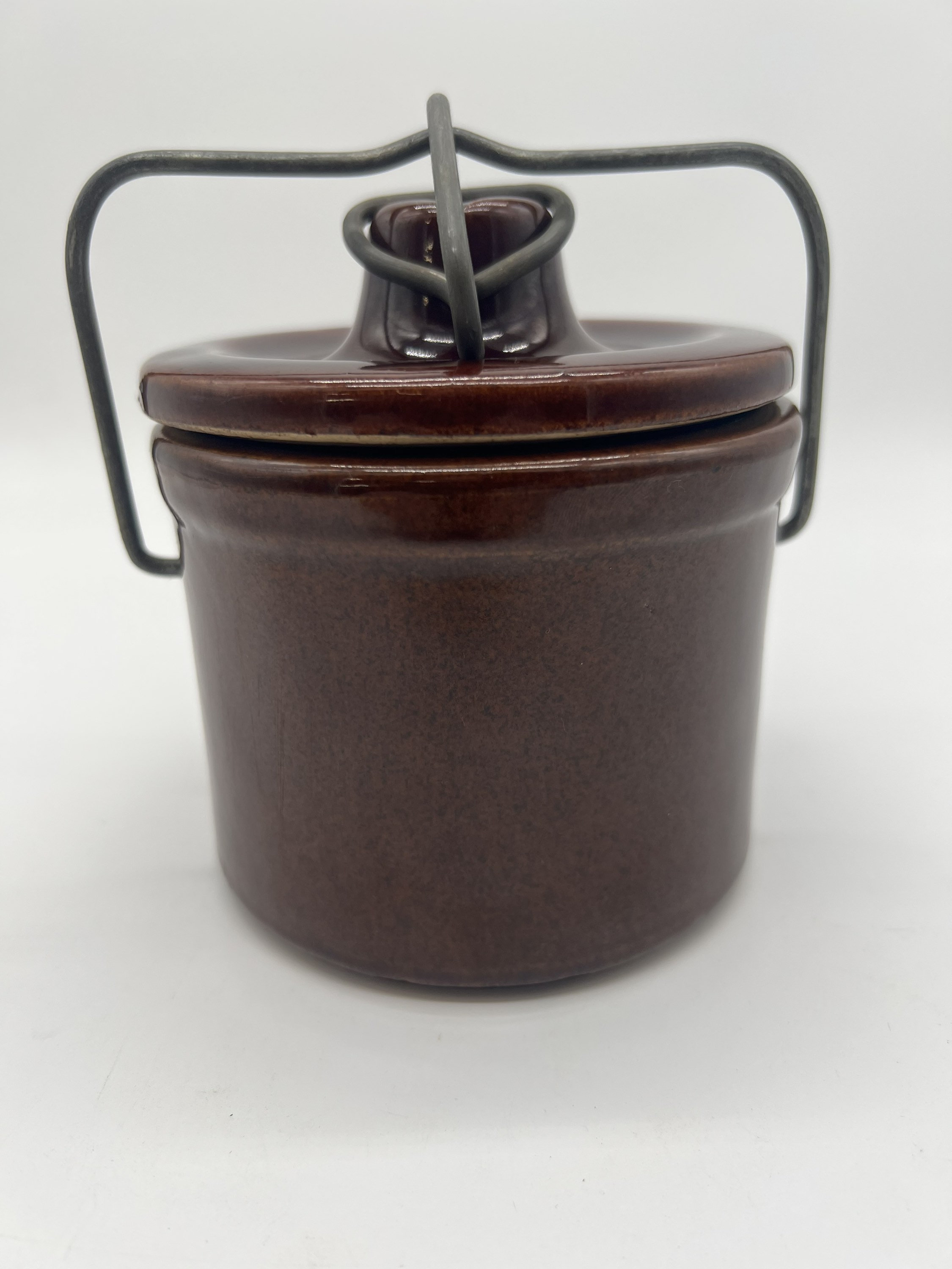 Vintage Brown Glaze Stoneware Crock Metal Bail Handle Cheese Crock Home ...
