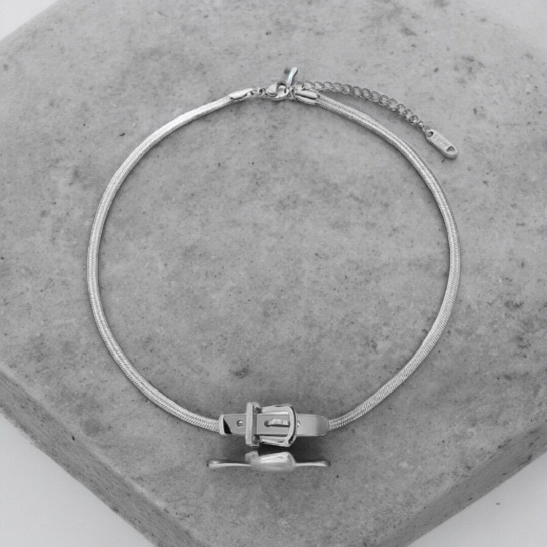 14K White Gold Plated Choker Necklace, Buckle Shape Titanium Steel ...