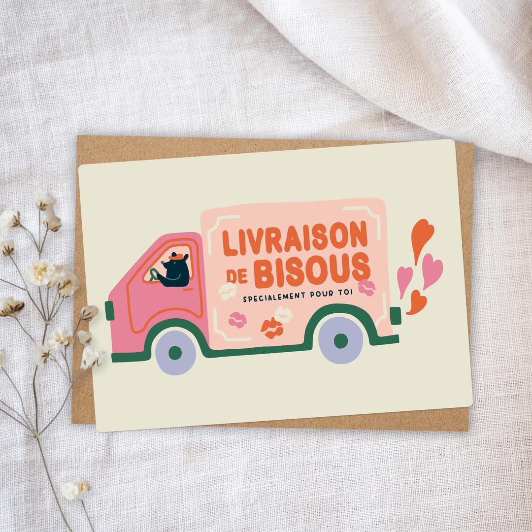 Hand-illustrated Valentine’s Day Card - Kiss Delivery Truck - Sweet ...