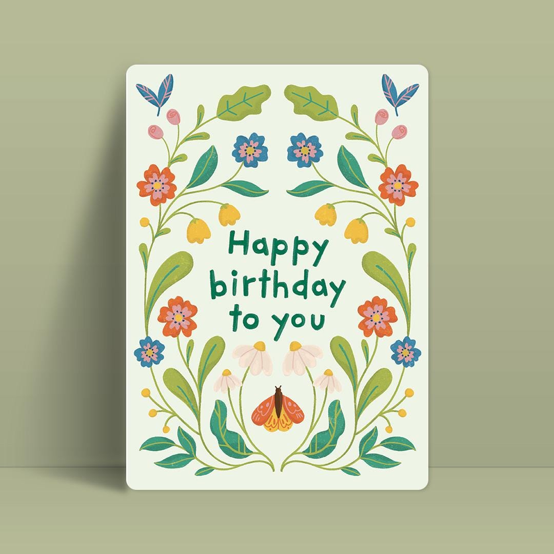 Illustrated Botanical Birthday Card – Colorful & Rustic Floral Greeting ...