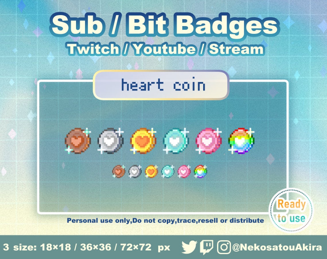 Pixel Art heart Coin Twitch Sub Badges X6 Bit Badges Cute Sub Badges ...