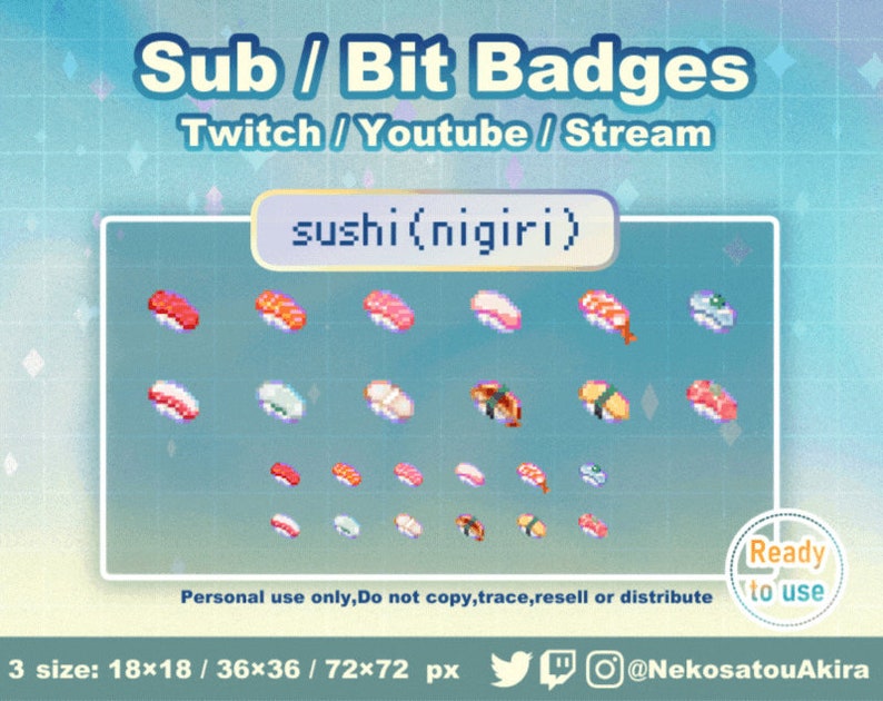 Pixel Art [SUSHI Nigiri]-* Twitch Sub Badges X12 - Bit Badges | Cute ...