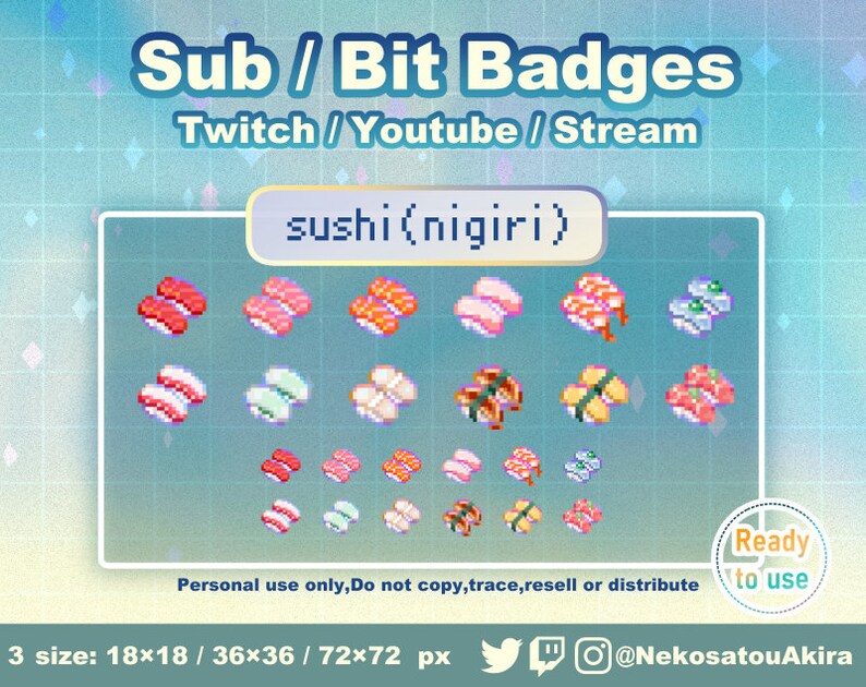 Pixel Art [SUSHI Nigiri]-* Twitch Sub Badges X12 - Bit Badges | Cute ...