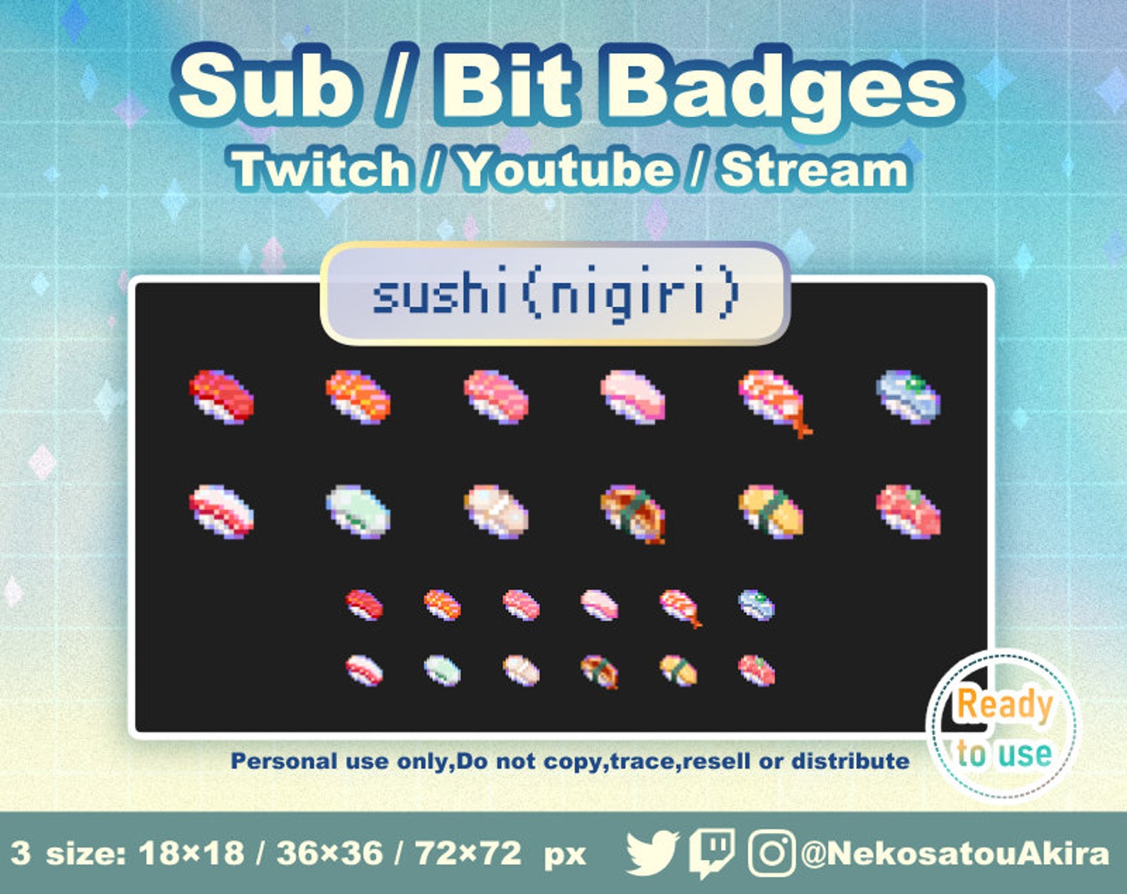 Pixel Art [SUSHI Nigiri]-* Twitch Sub Badges X12 - Bit Badges | Cute ...