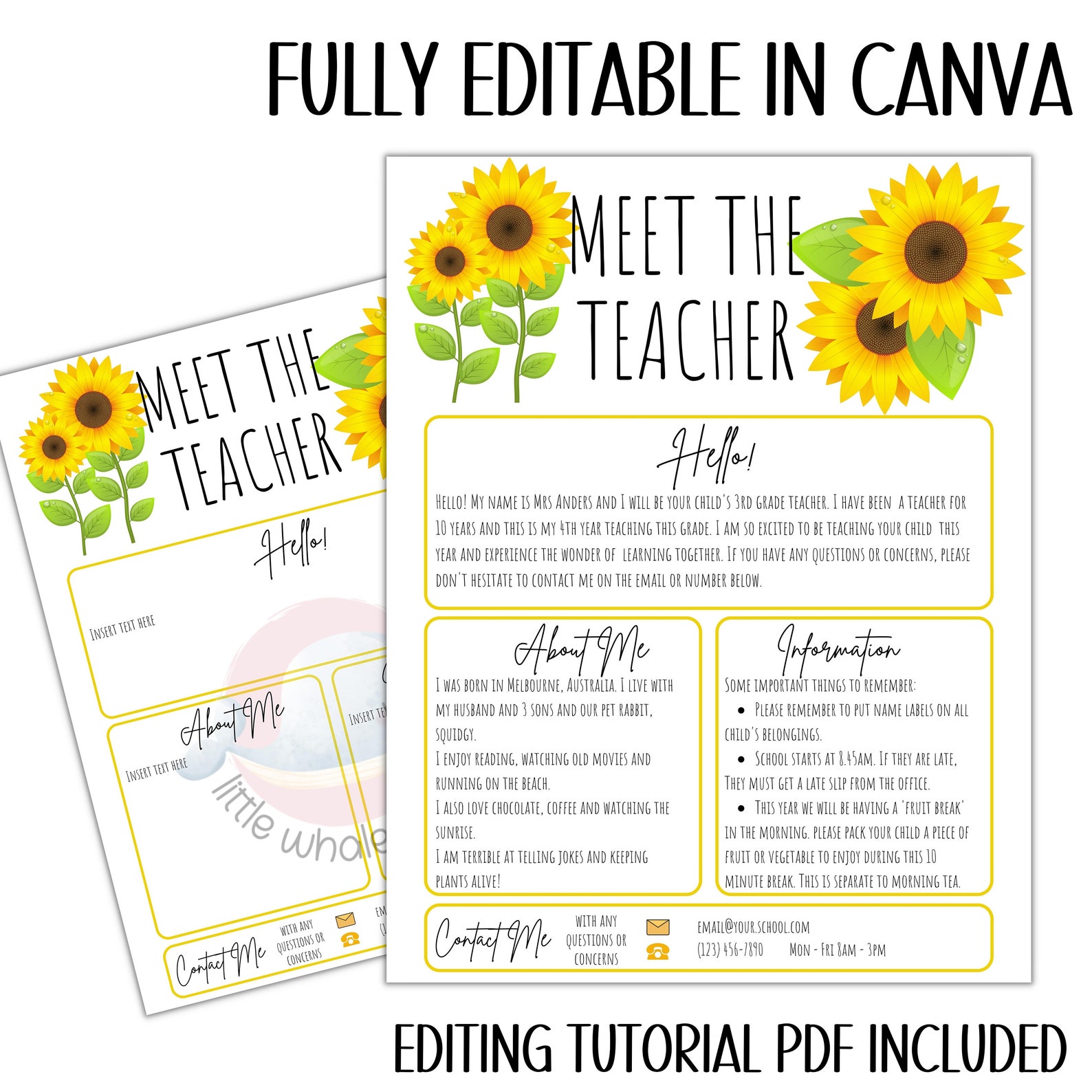 Editable Meet the Teacher Template, Sunflower Teacher Information ...