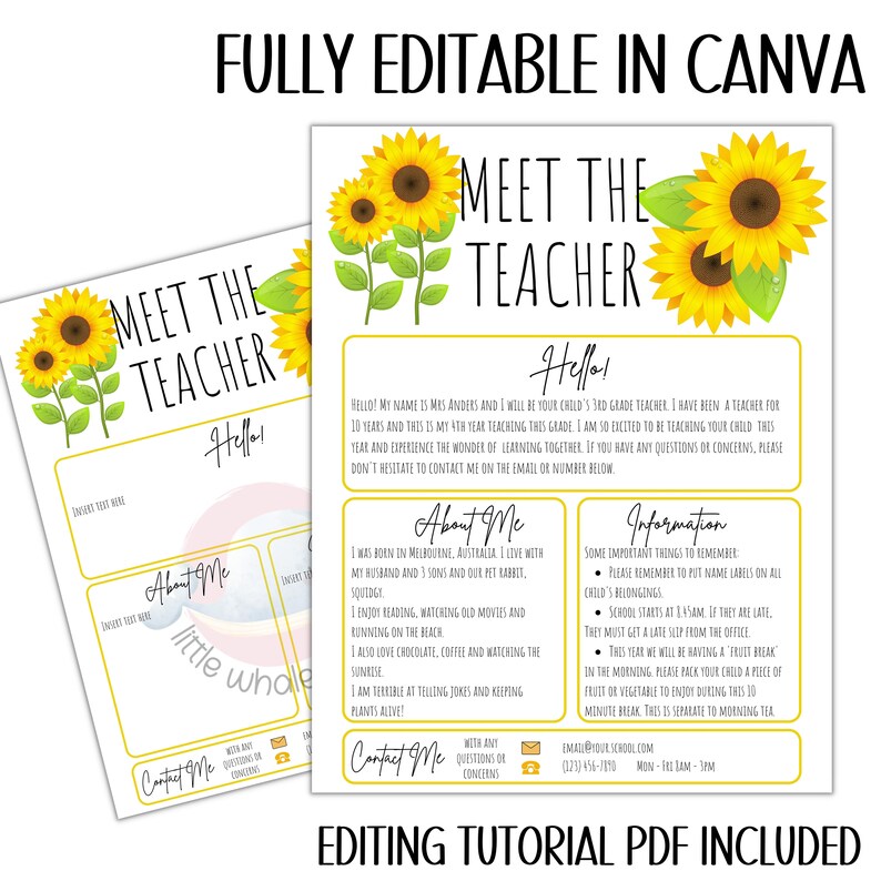Editable Meet the Teacher Template, Sunflower Teacher Information ...