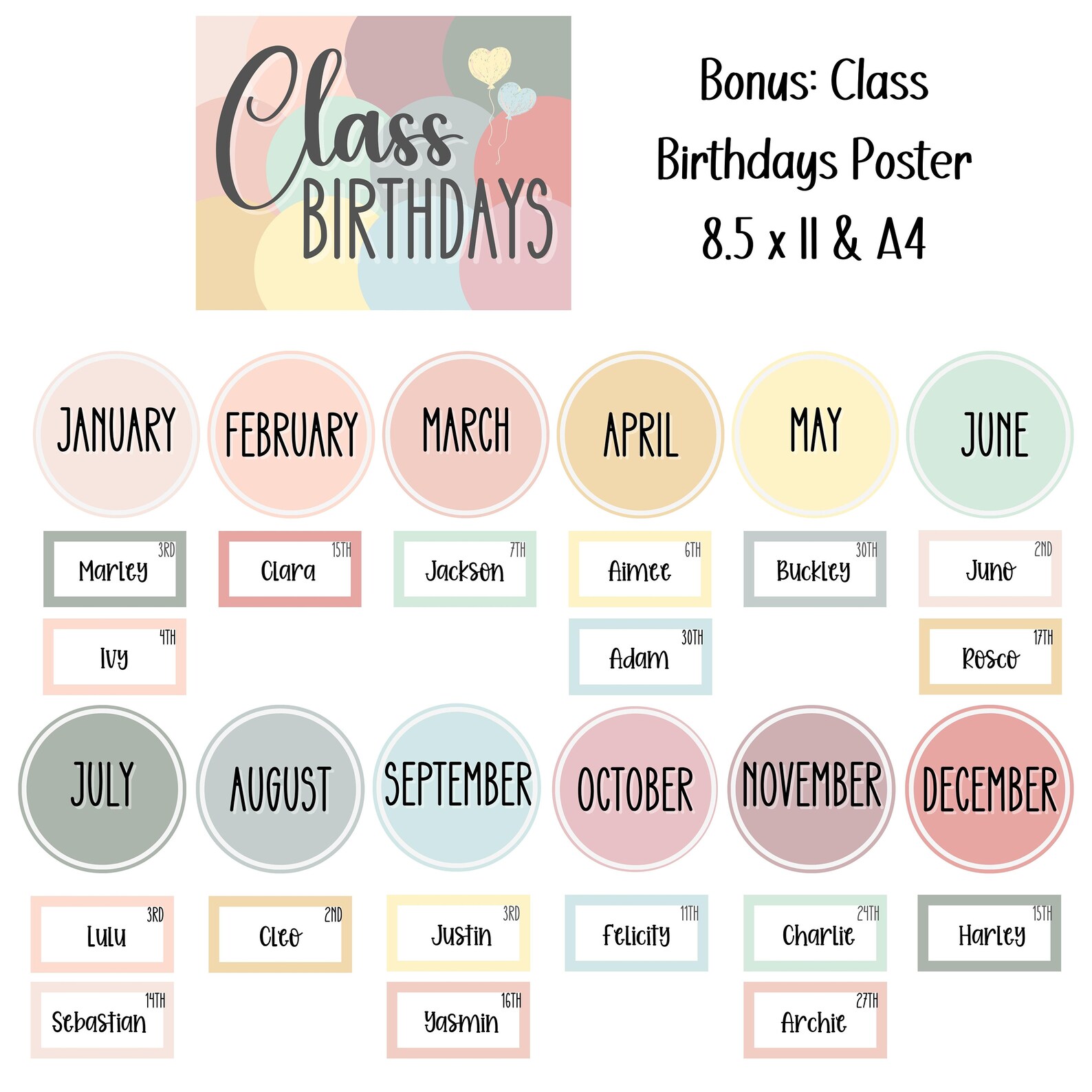 Pastel Class Birthday Chart Class Birthday Display Student - Etsy