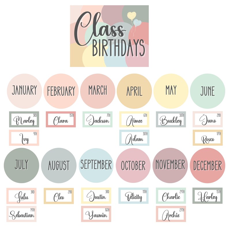 Pastel Class Birthday Chart Class Birthday Display Student - Etsy
