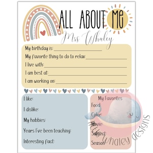 Teacher All About Me Editable Template, Printable Meet the Teacher ...