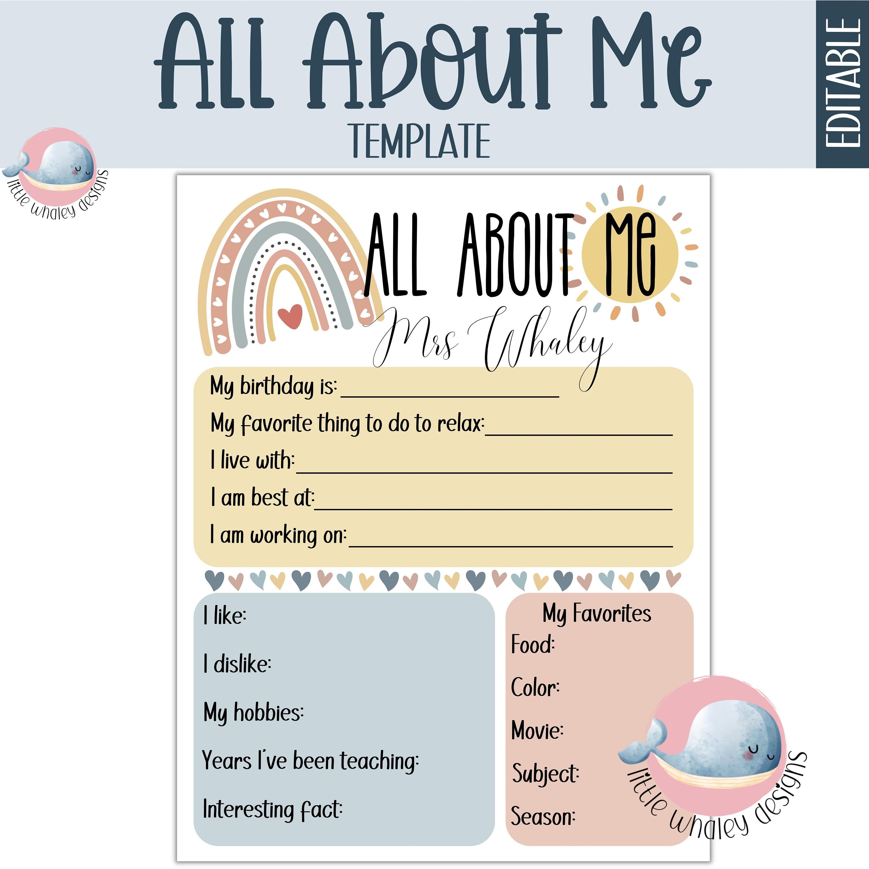 Teacher All About Me Editable Template Printable Meet The Teacher 