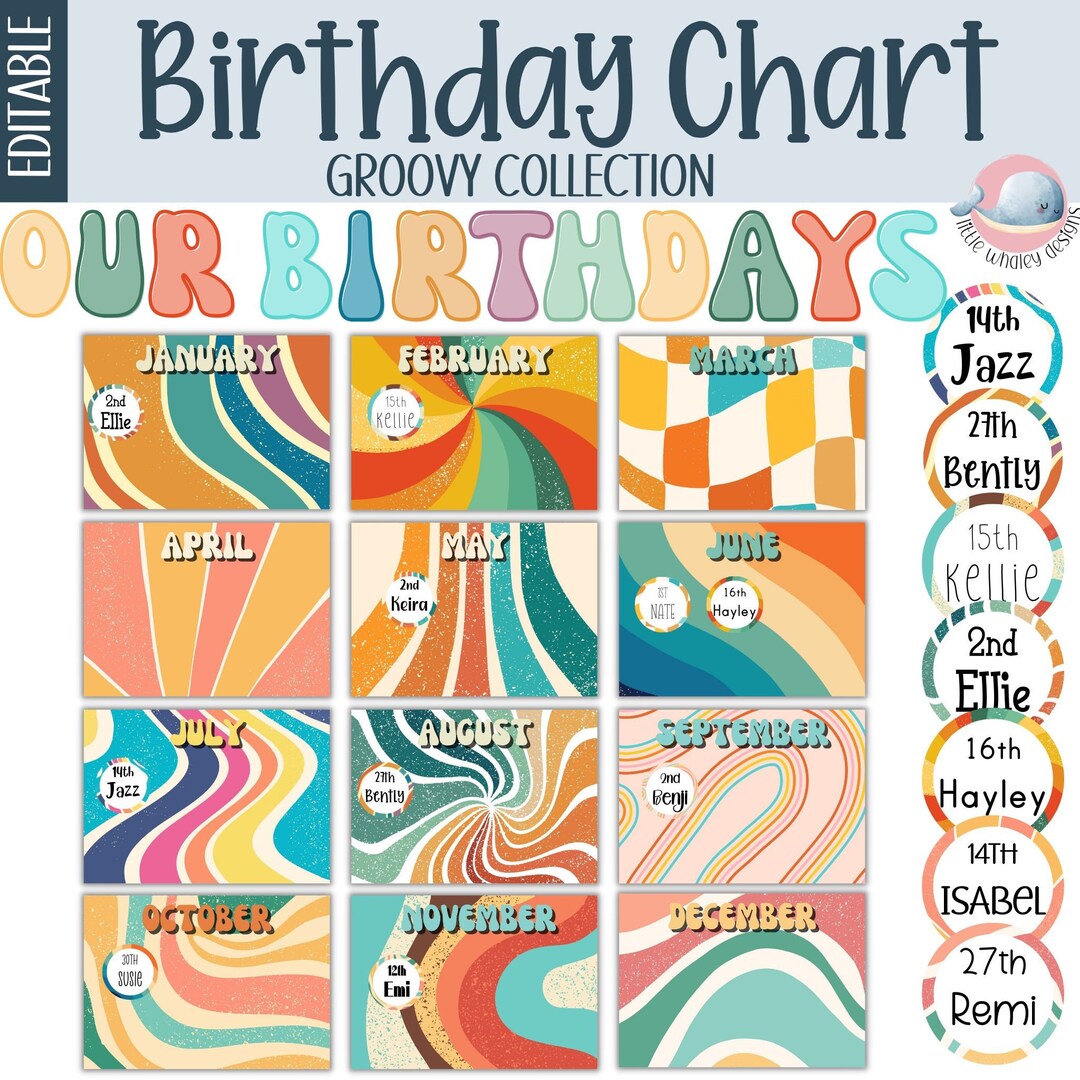 Groovy Classroom Birthday Display, Retro Classroom Birthday Chart ...