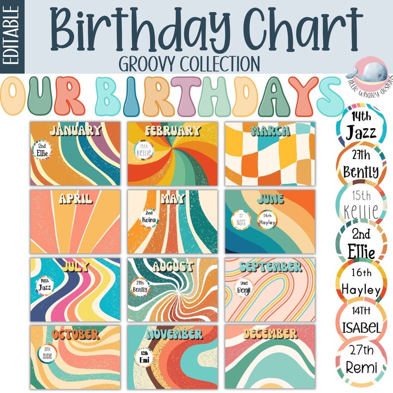Groovy Classroom Birthday Display, Retro Classroom Birthday Chart ...