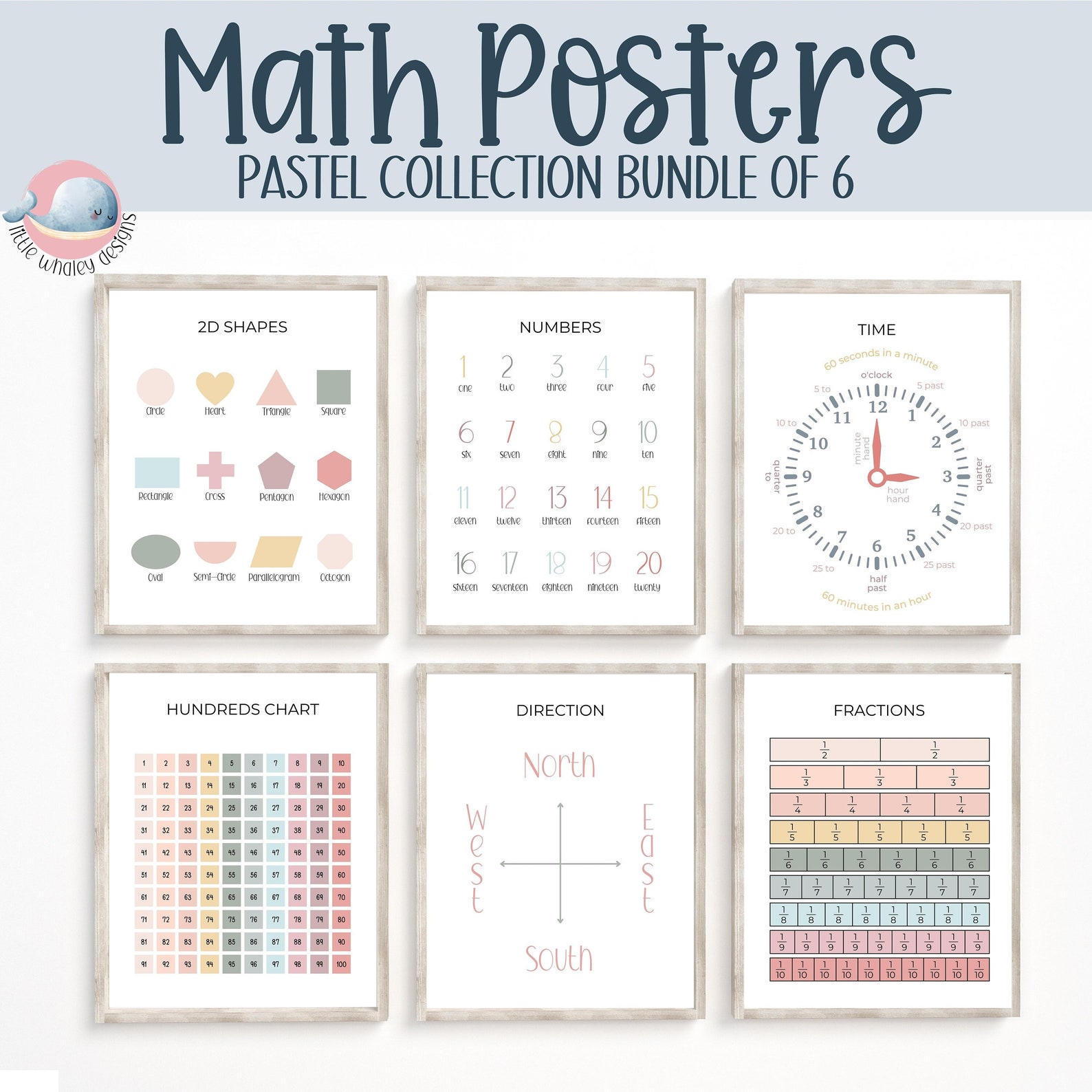 Educational Math Posters Set of 6, Hundreds Chart Poster, Fractions ...