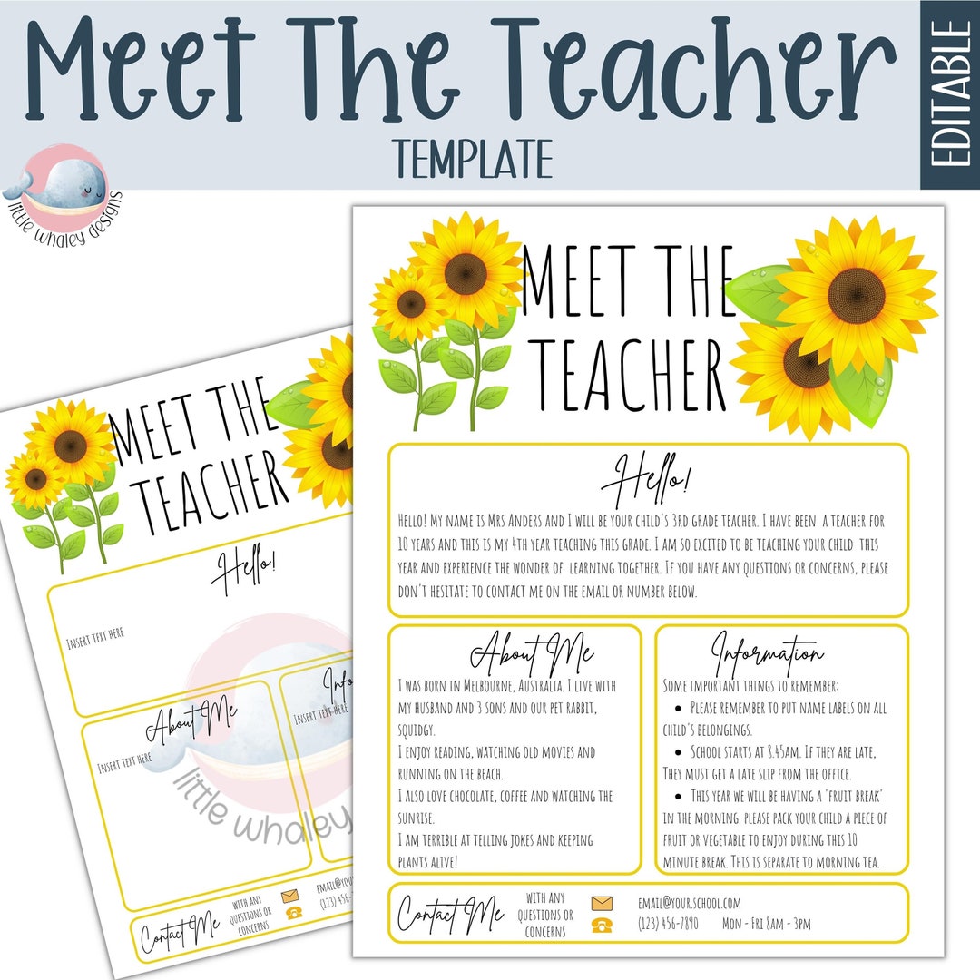 Editable Meet the Teacher Template, Sunflower Teacher Information ...
