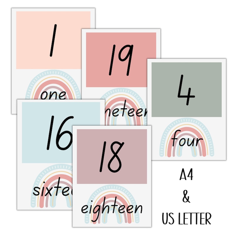 Boho Rainbow Classroom Number Posters, Pastel Rainbow Number Posters ...