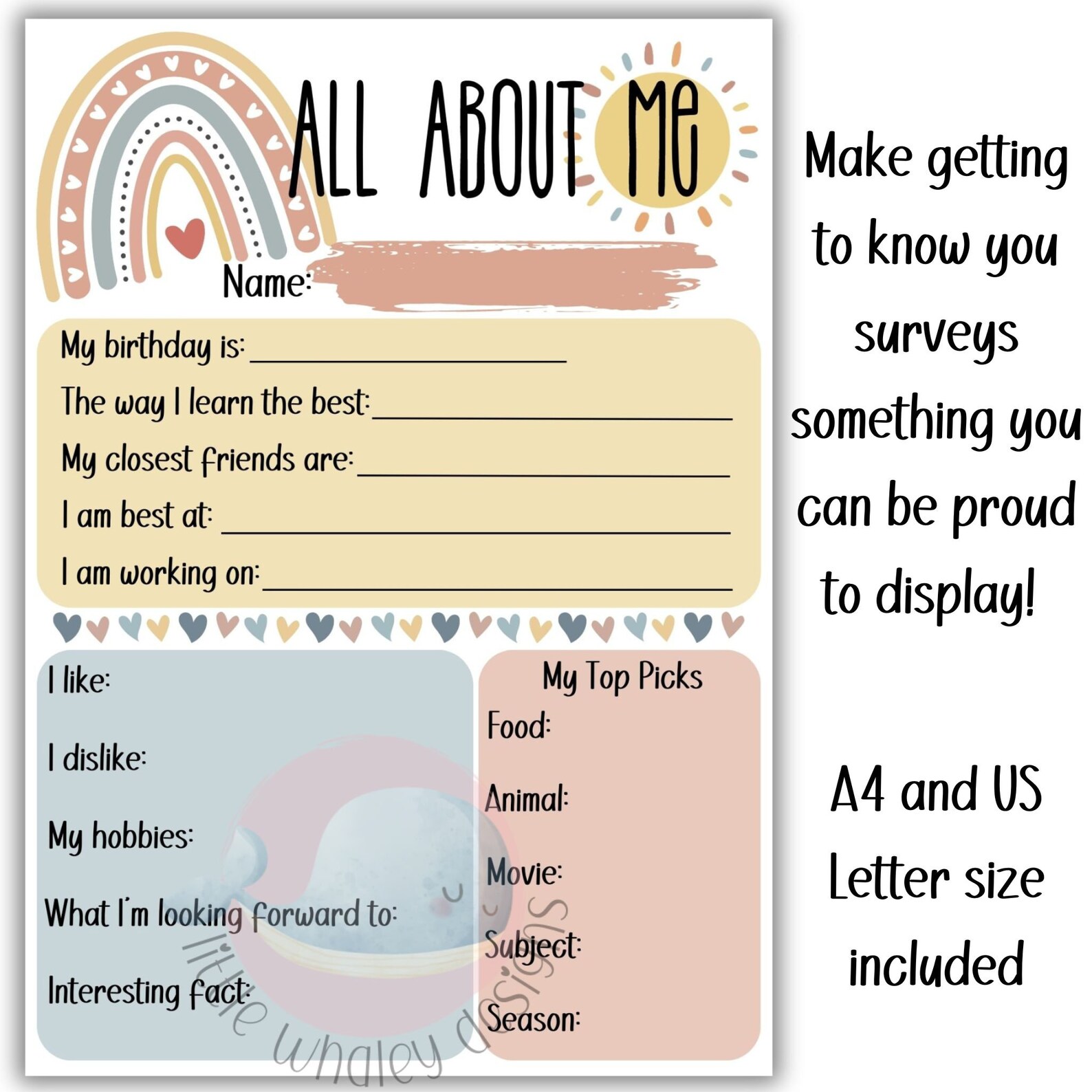 Boho Rainbow Student All About Me, Back to School Student Questionnaire ...