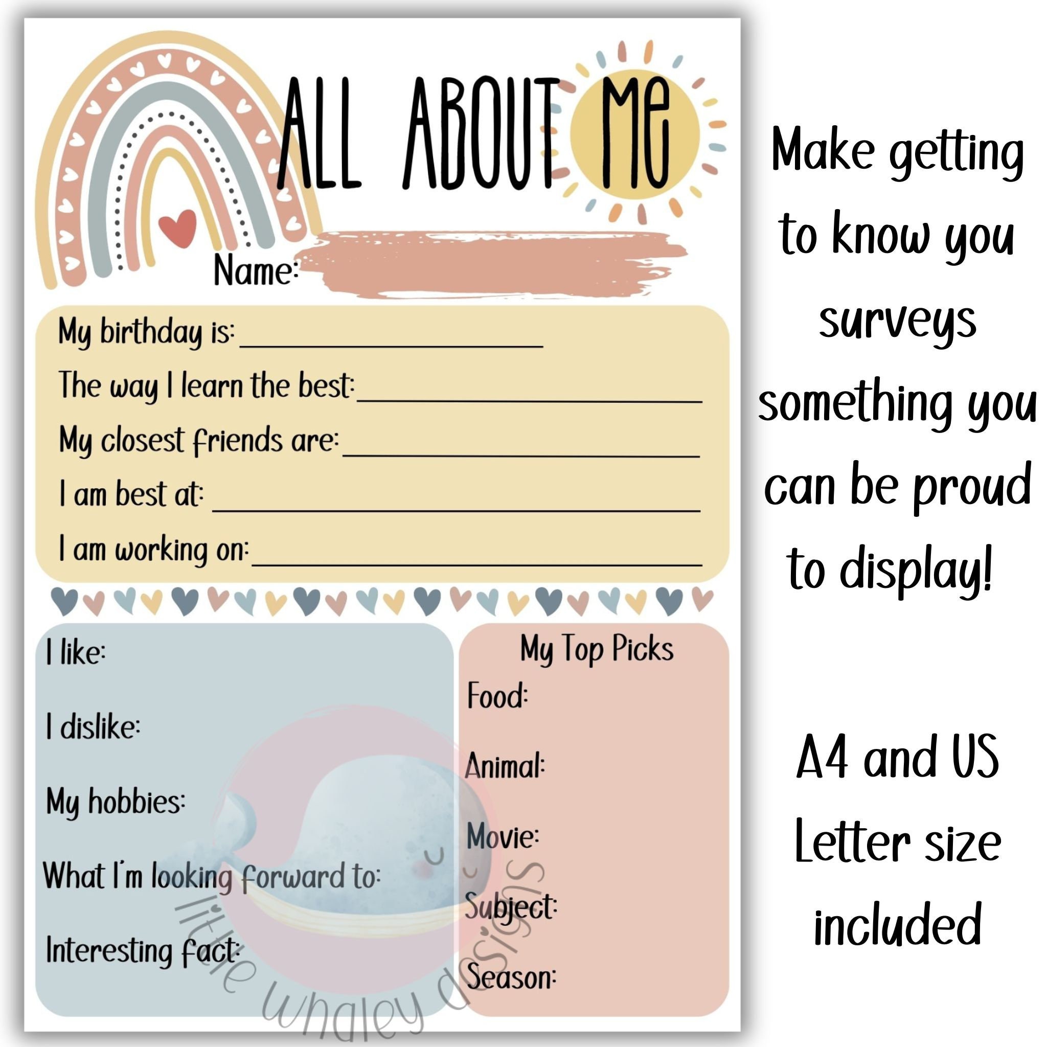 Boho Rainbow Student All About Me, Back to School Student Questionnaire ...