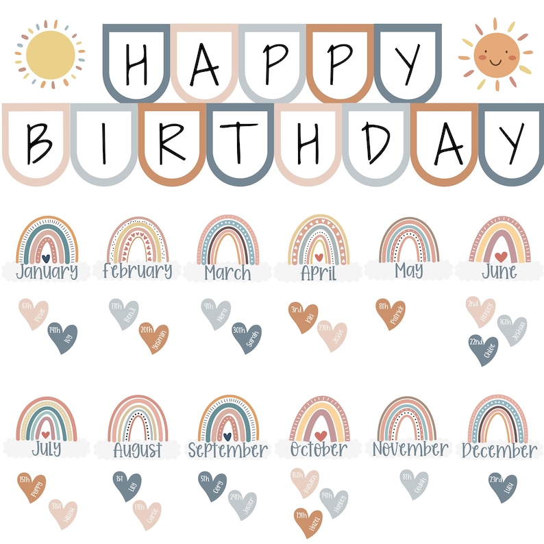 Boho Rainbow Classroom Birthday Chart Classroom Birthday - Etsy