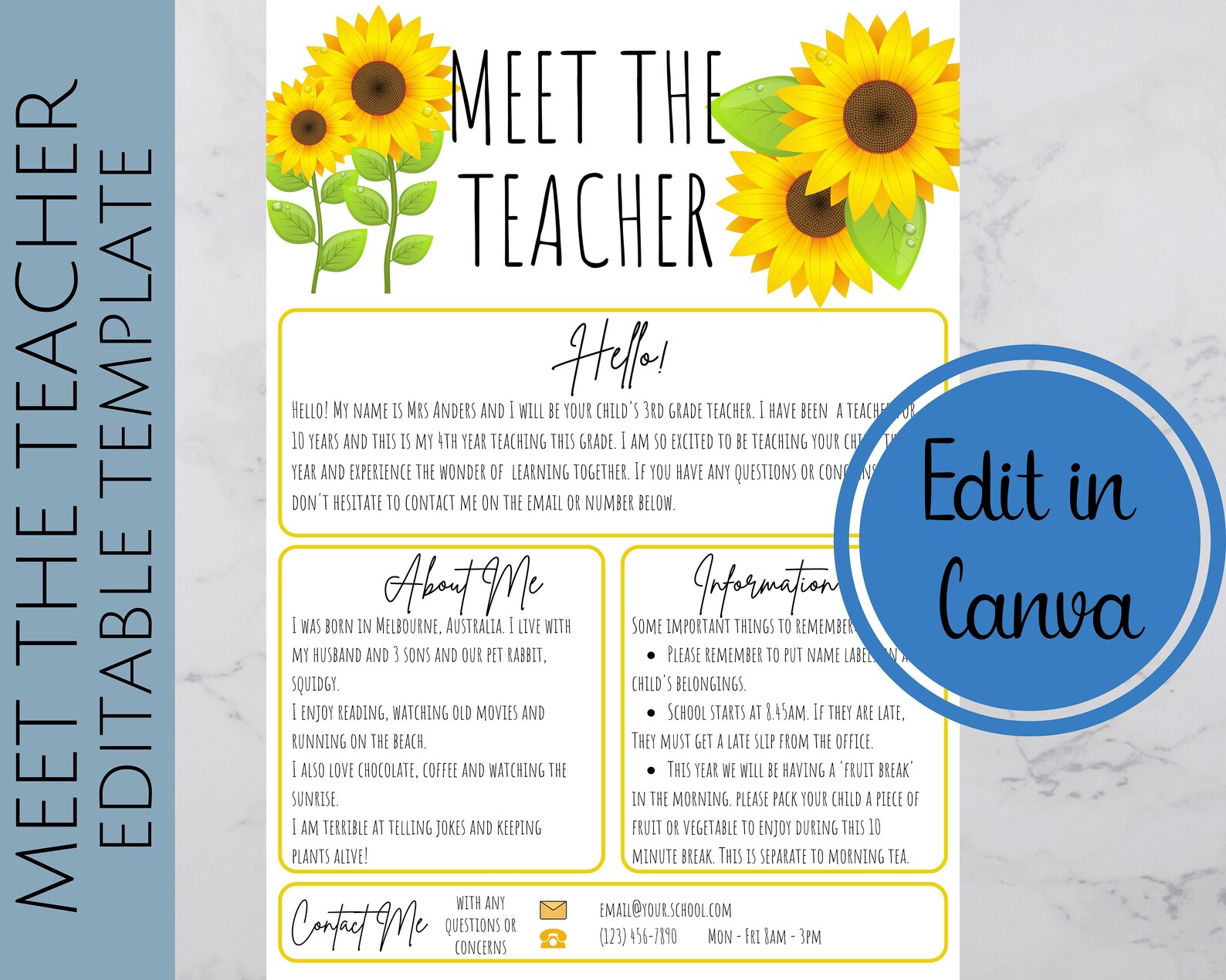 Editable Meet the Teacher Template Printable Sunflower - Etsy