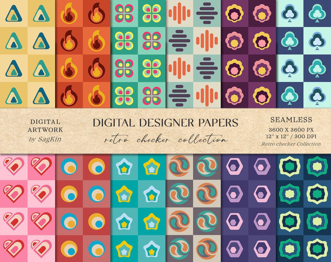 Retro Checker Digital Paper Set Seamless Texture 80s 90s Designs ...