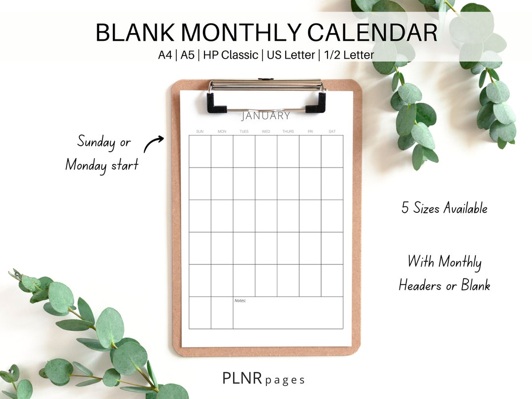 Blank Calendar Printable Planner Page - 1 Page Vertical Calendar ...