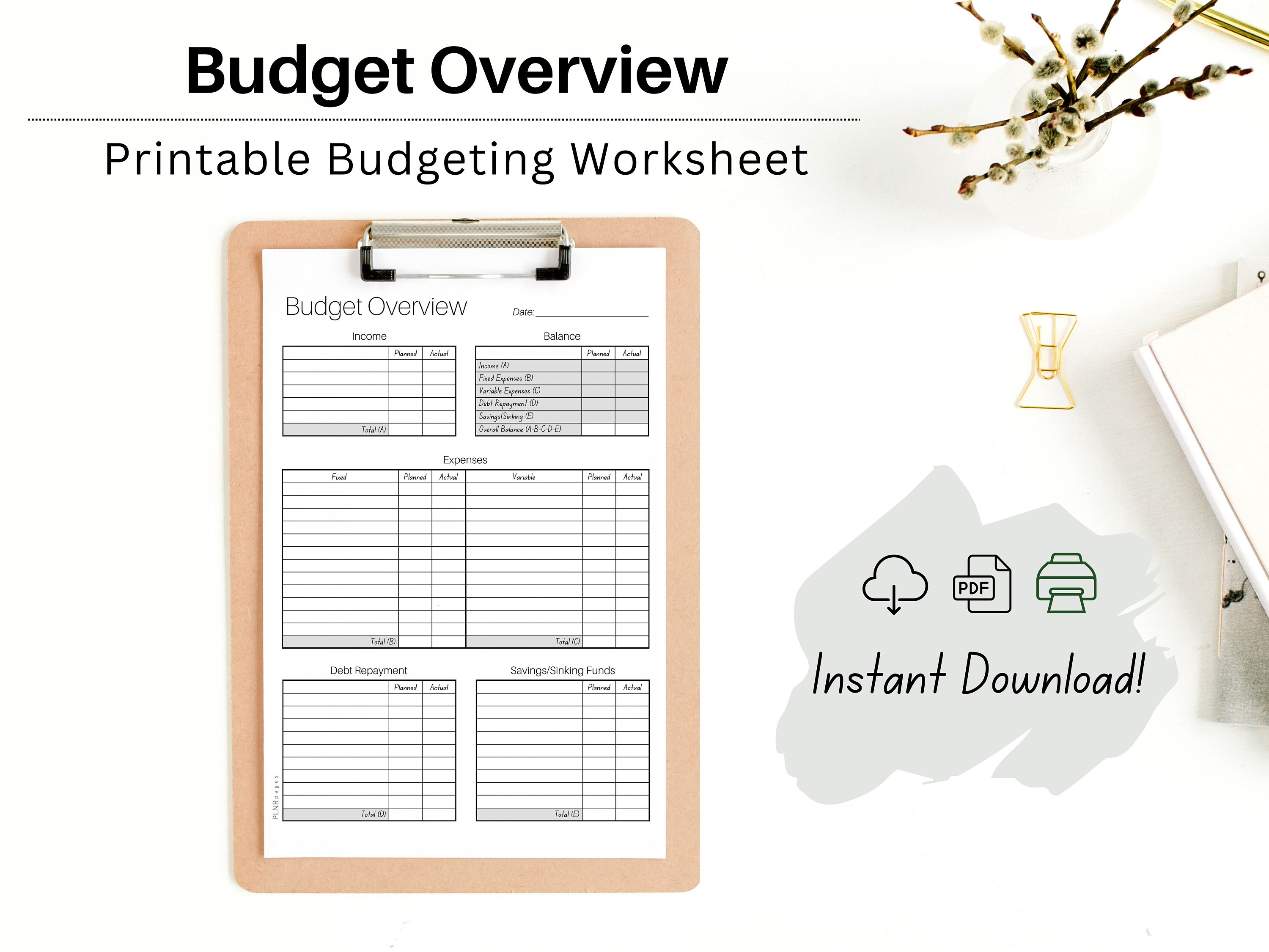 Printable Budget Worksheet Budget Overview Template Digital Budget ...