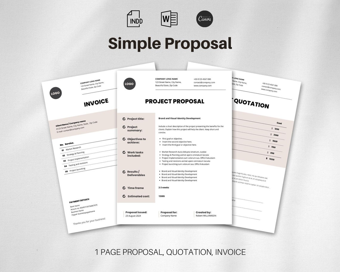 Minimal Proposal Word, Project Plan Canva, Simple Proposal, Quotation ...