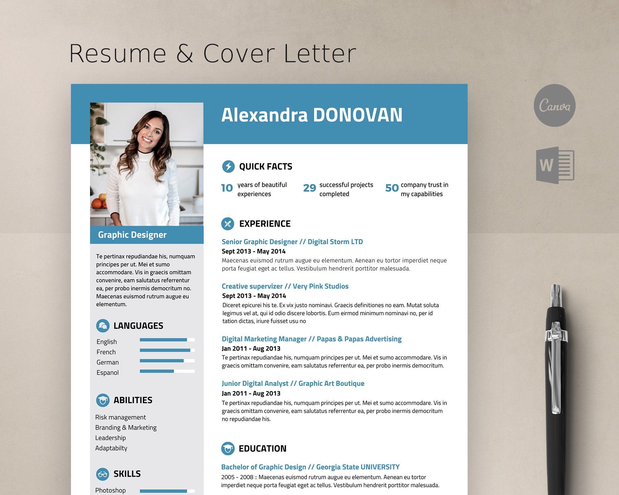Modern Resume Template Word | Editable Canva Resume Template ...