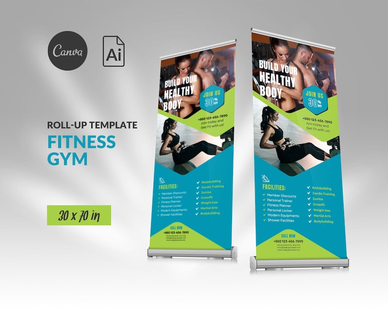 Printable Fitness Gym Trainer Rollup Banner Template Canva Editable ...