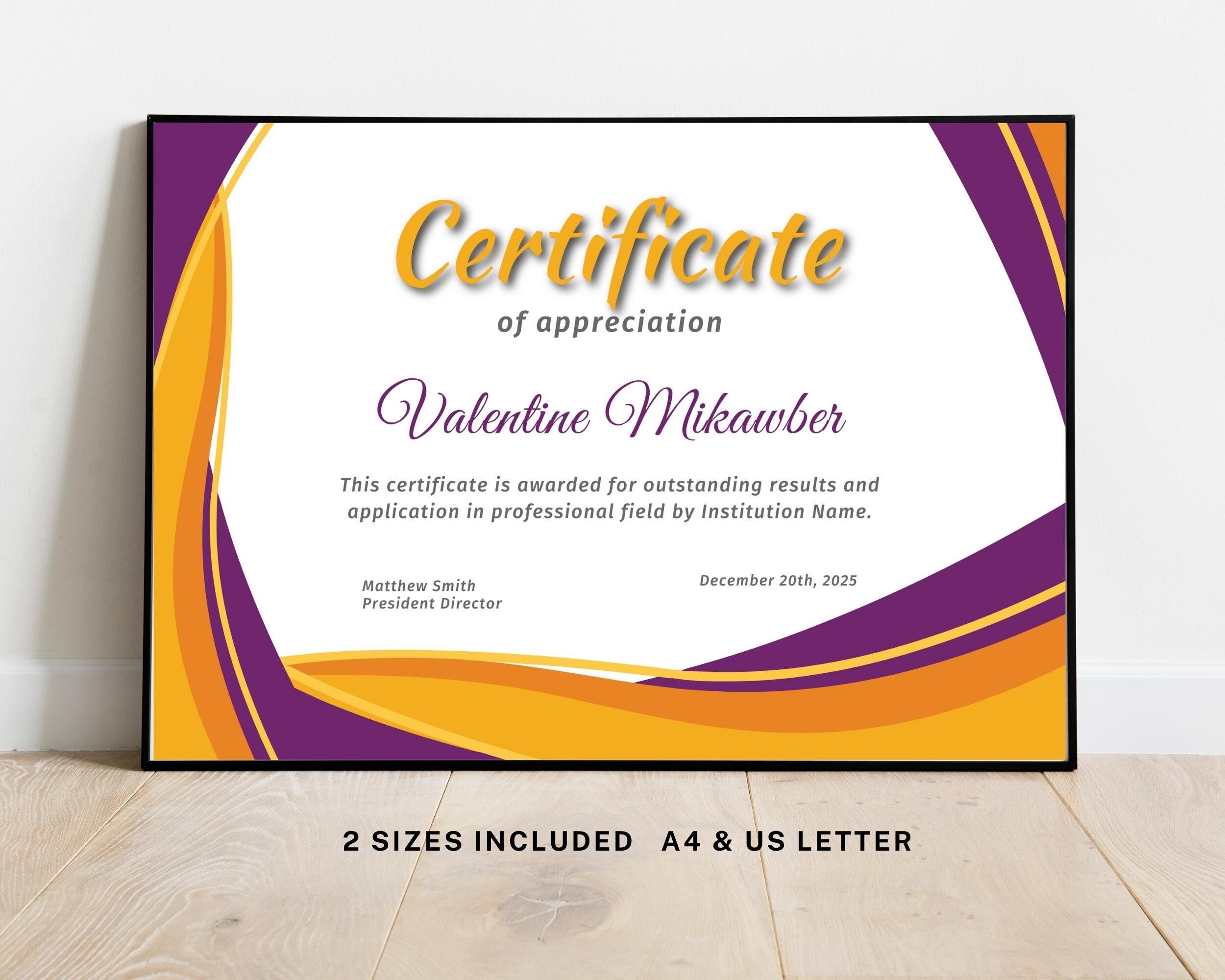 Appreciation Certificate Template, Custom Award Certificate of ...