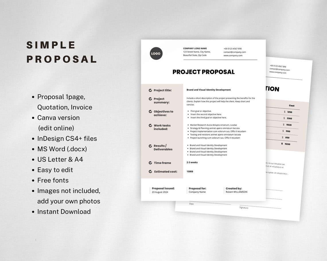 Minimal Proposal Word, Project Plan Canva, Simple Proposal, Quotation ...
