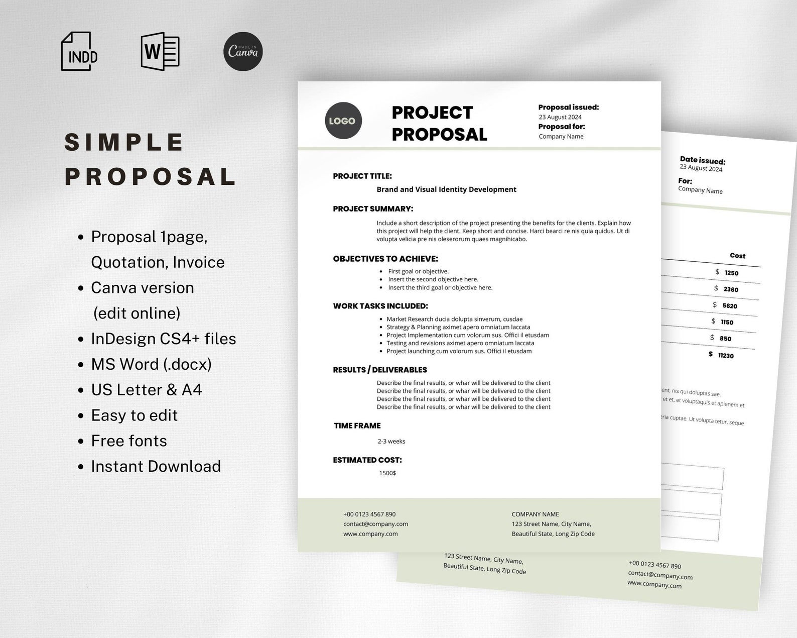 Minimal Project Plan Canva, Simple Proposal Word, Work Estimate Invoice ...