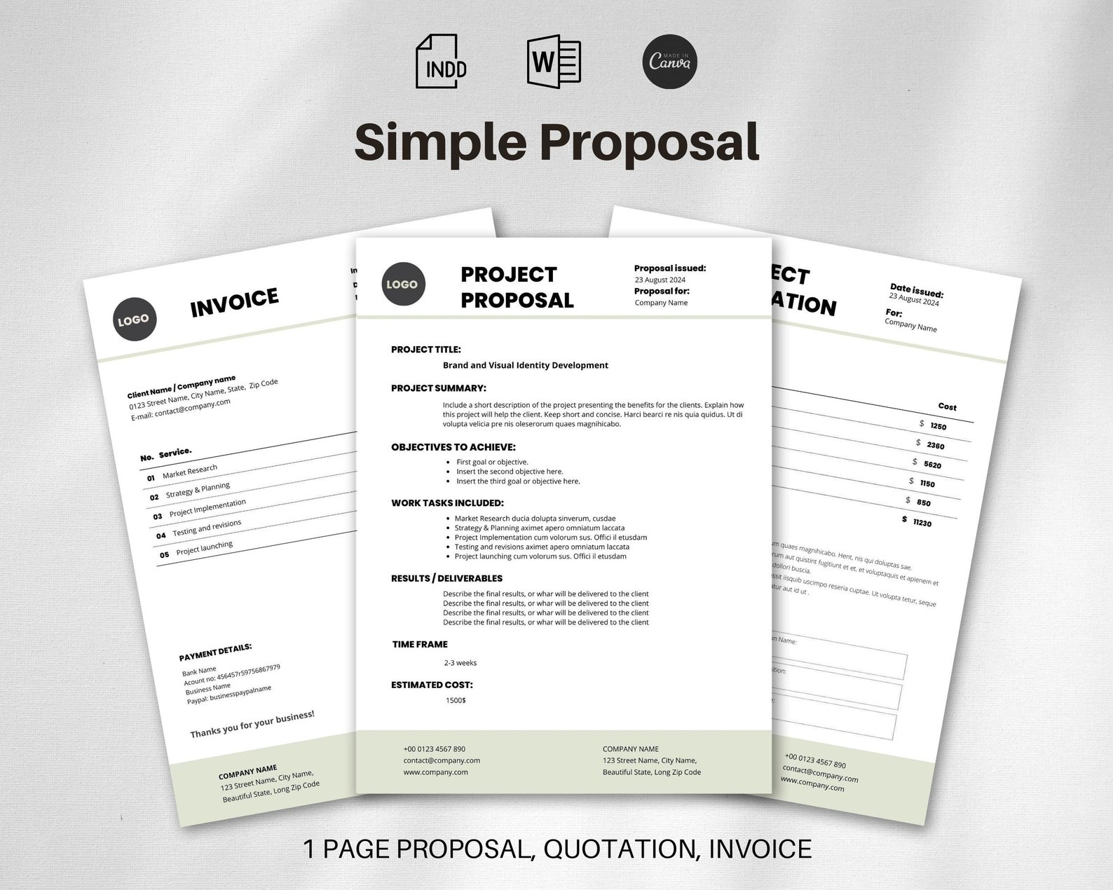 Minimal Project Plan Canva, Simple Proposal Word, Work Estimate Invoice ...