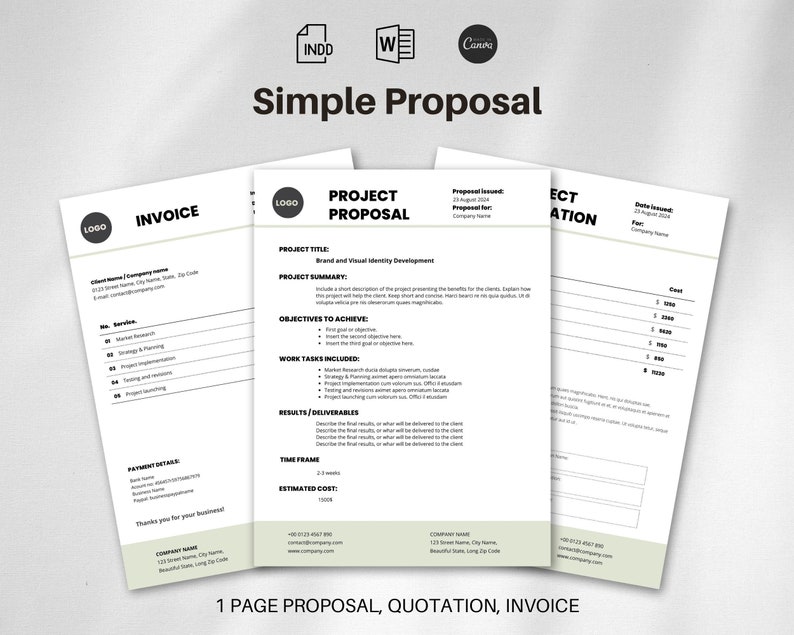 Minimal Project Plan Canva, Simple Proposal Word, Work Estimate Invoice ...