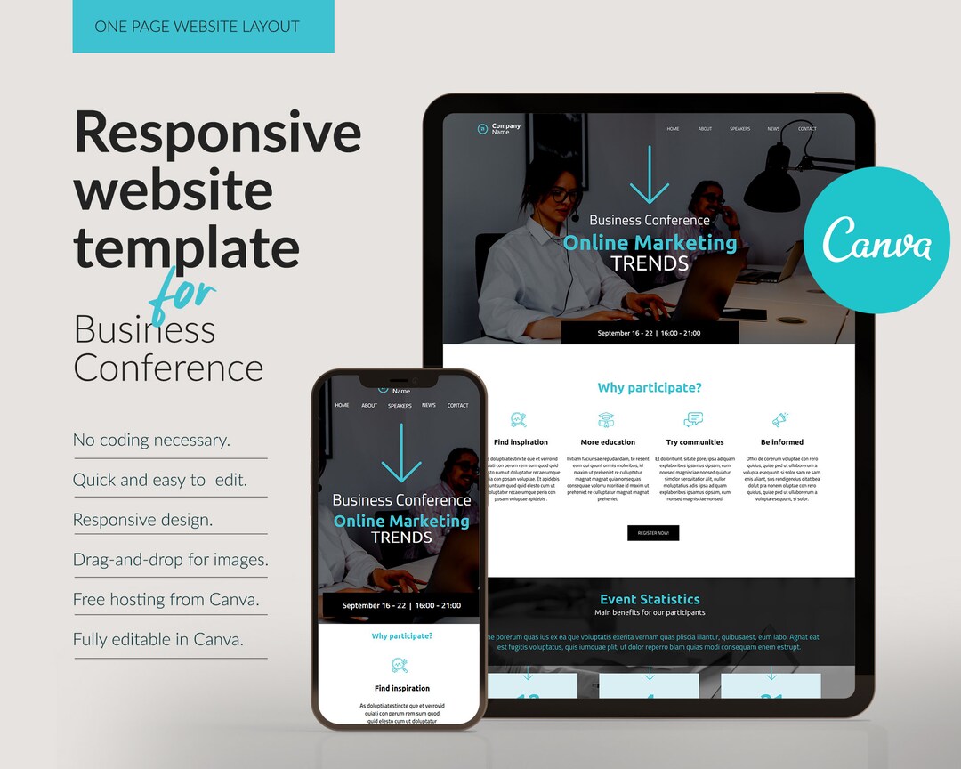 Canva Website Business Conference, Event Landing Page Template, Canva ...