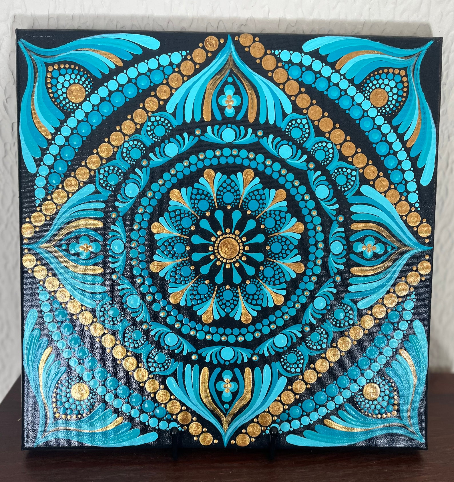 Dot Art Mandala, 12x12 Inch Square Stretched Canvas - Turquoise, Gold ...