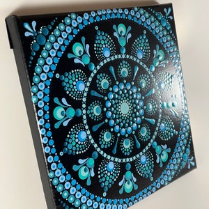 Dot Art Mandala, 8x8 Inch Square Stretched Canvas - Aqua and Turquoise ...