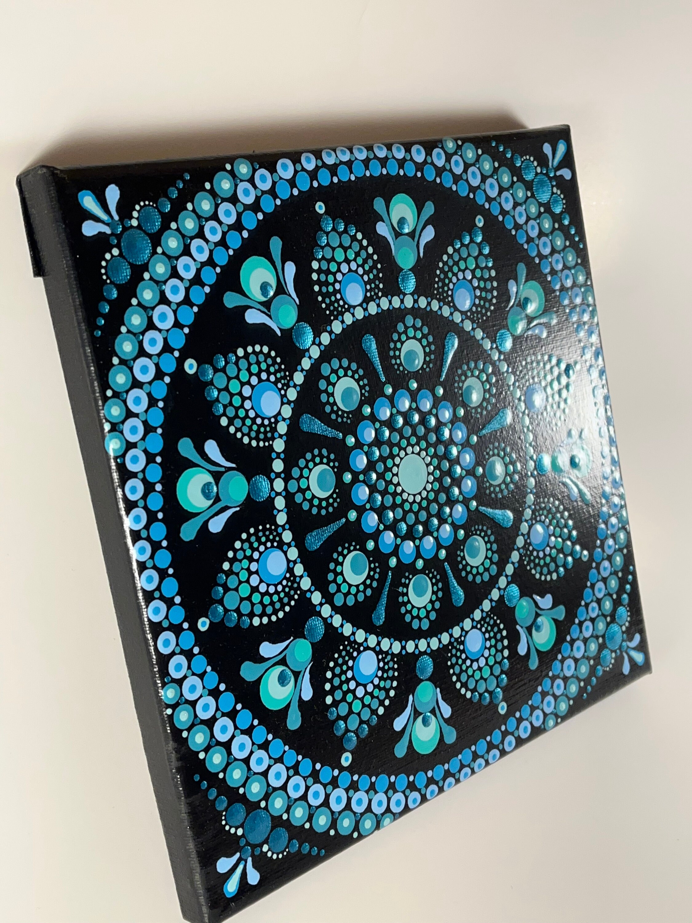 Dot Art Mandala, 8x8 Inch Square Stretched Canvas - Aqua and Turquoise ...