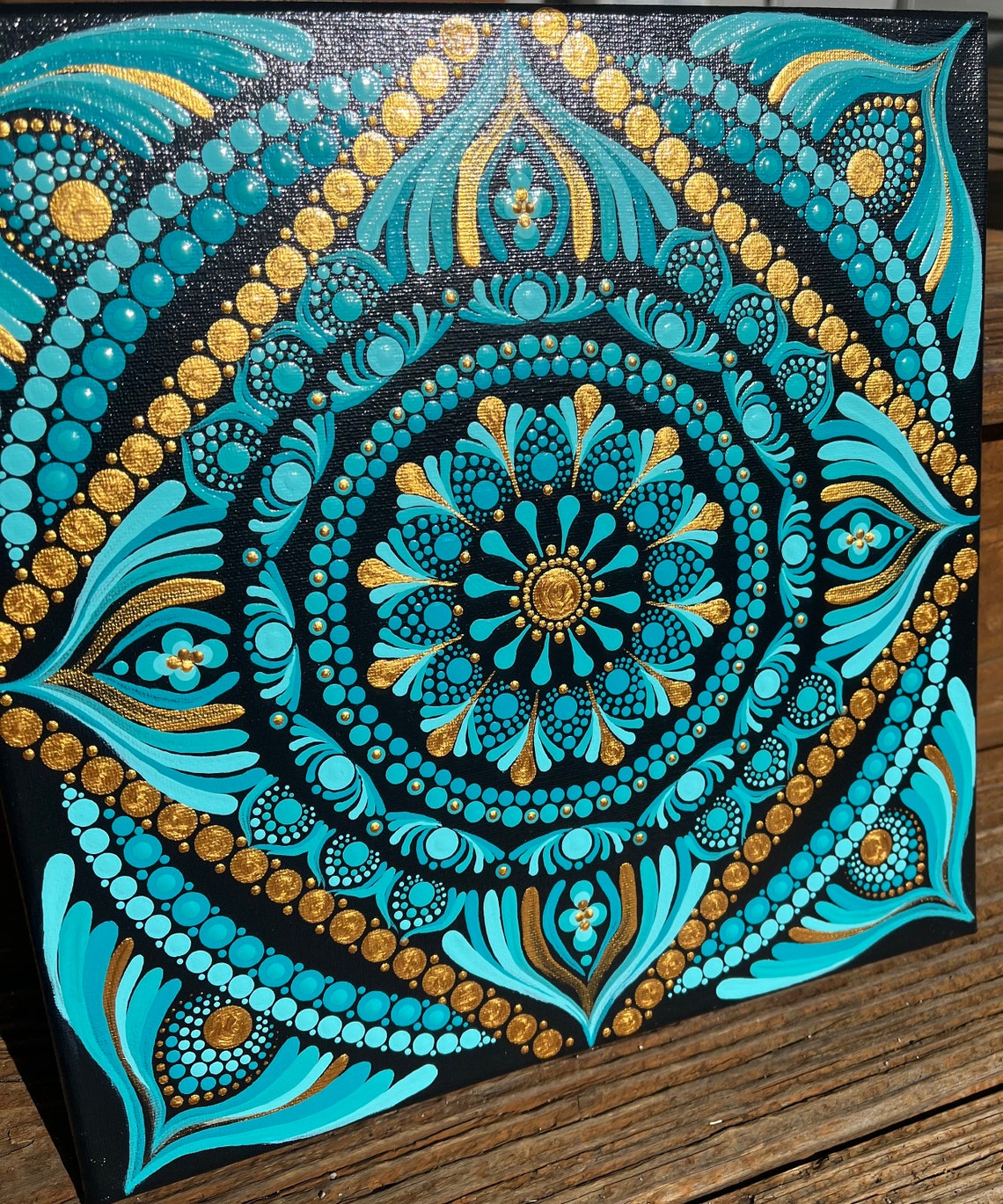 Dot Art Mandala, 12x12 Inch Square Stretched Canvas - Turquoise, Gold ...