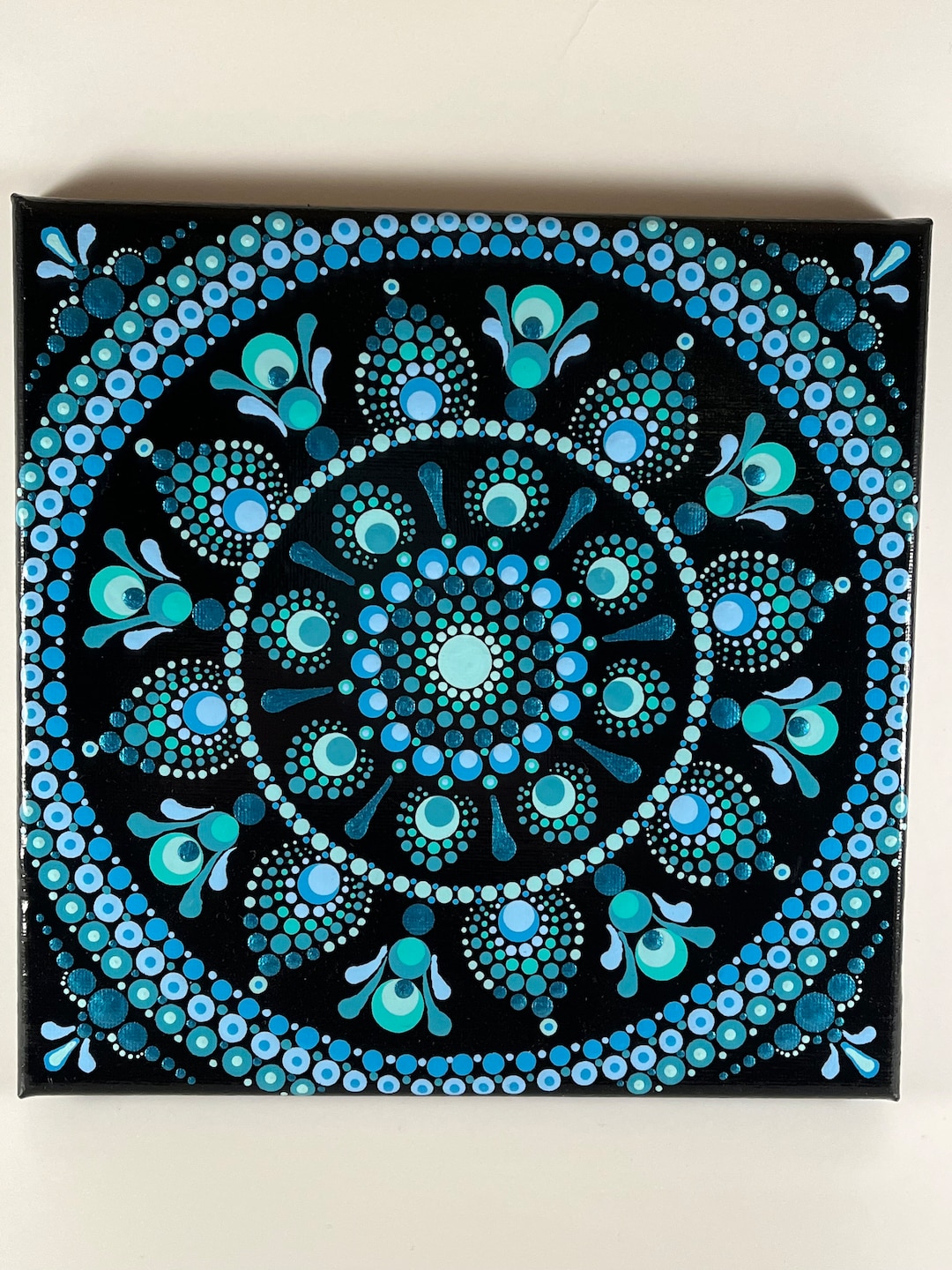 Dot Art Mandala, 8x8 Inch Square Stretched Canvas - Aqua and Turquoise ...