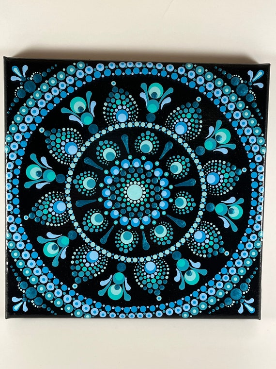 Dot Art Mandala 8x8 Inch Square Stretched Canvas Aqua and - Etsy