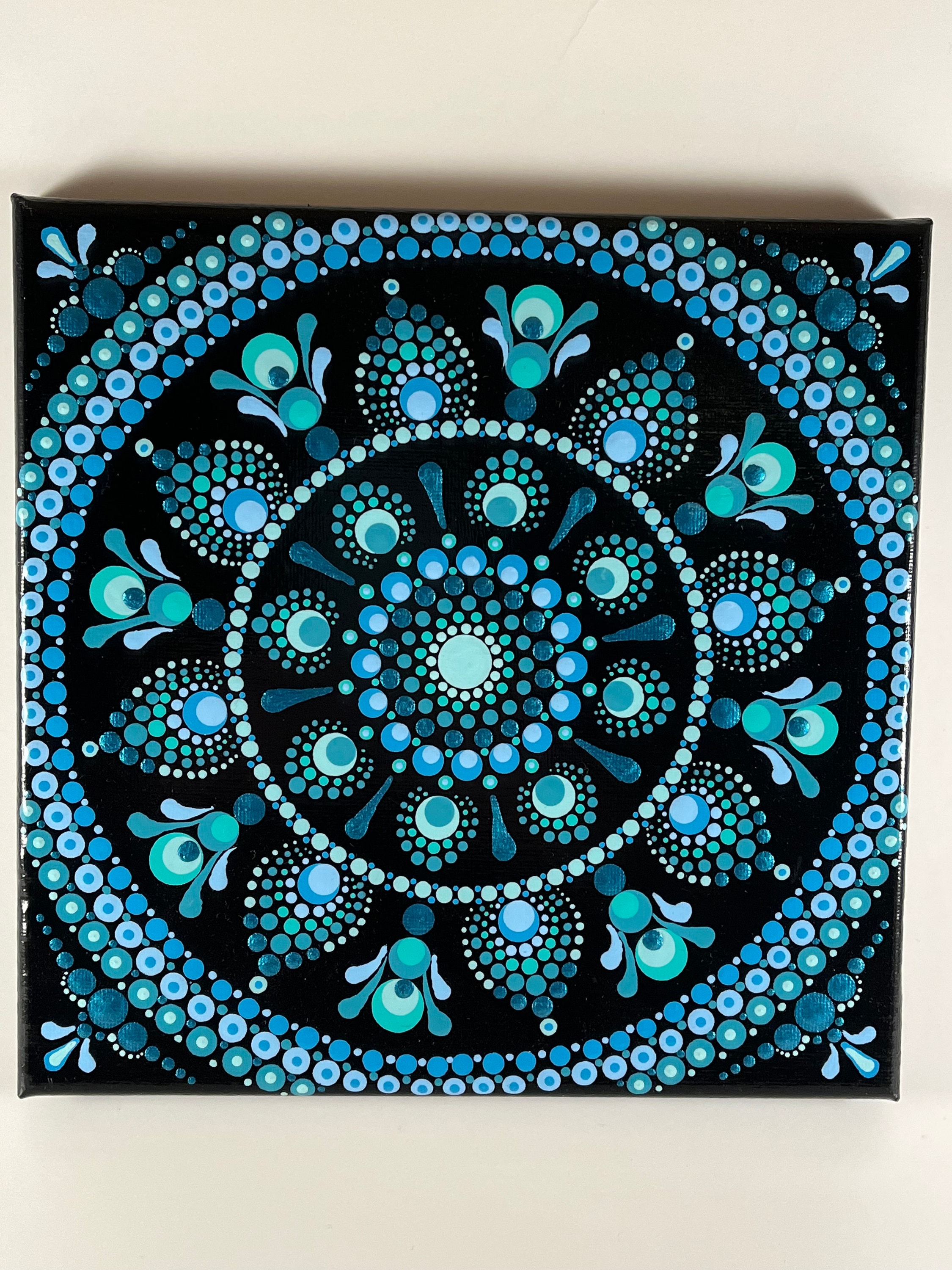 Dot Art Mandala, 8x8 Inch Square Stretched Canvas - Aqua and Turquoise ...
