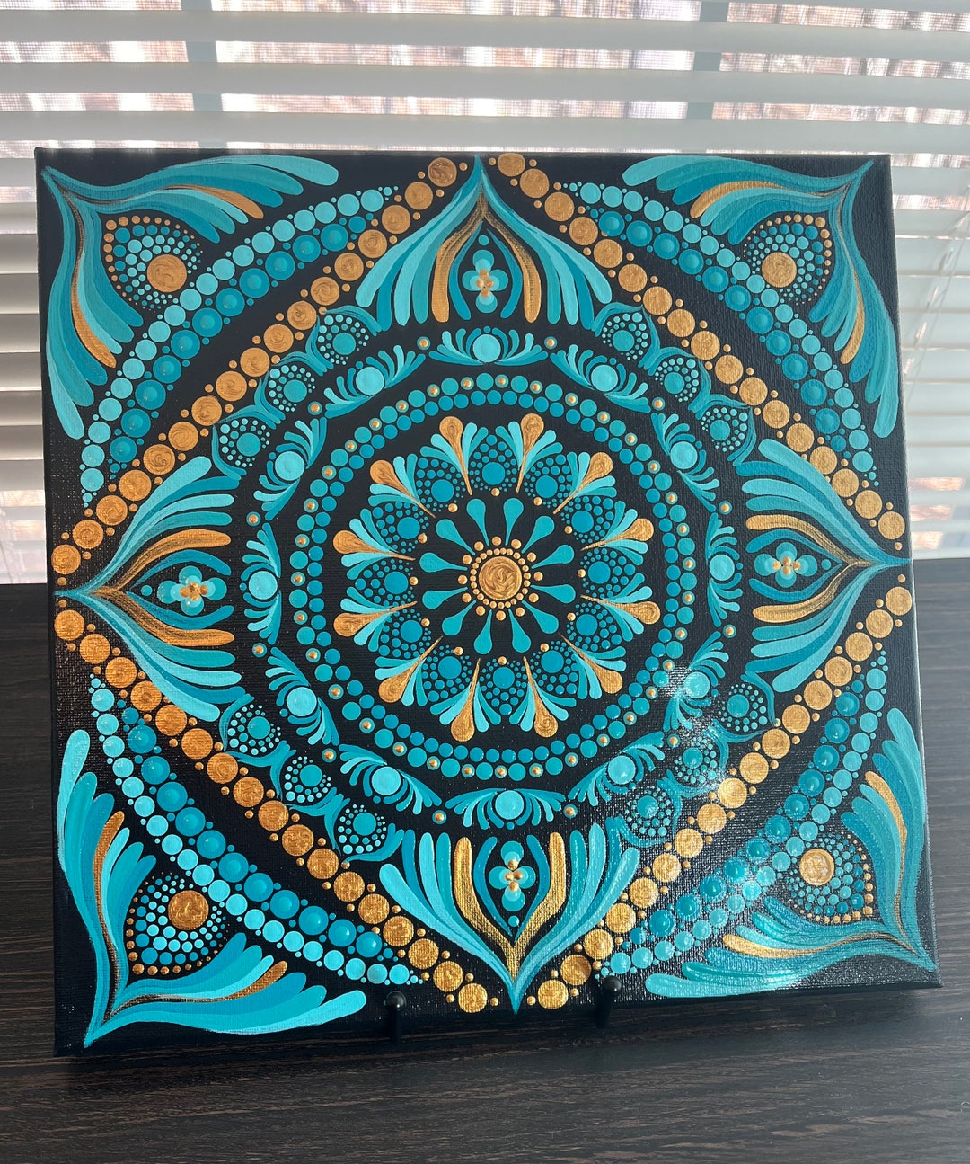 Dot Art Mandala, 12x12 Inch Square Stretched Canvas - Turquoise, Gold ...