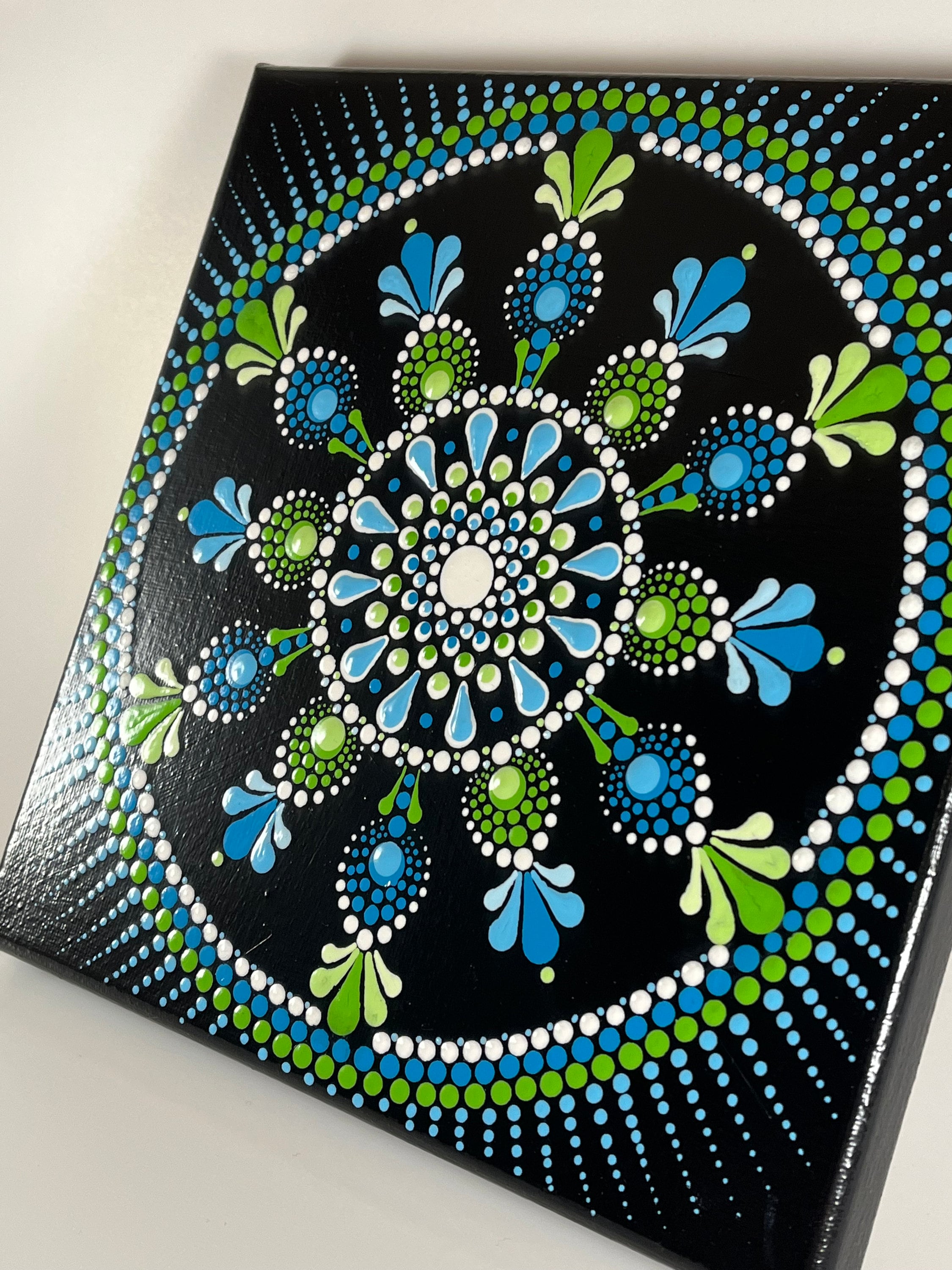 Dot Art Mandala, 8x8 Inch Square Stretched Canvas - Blues and Greens on ...