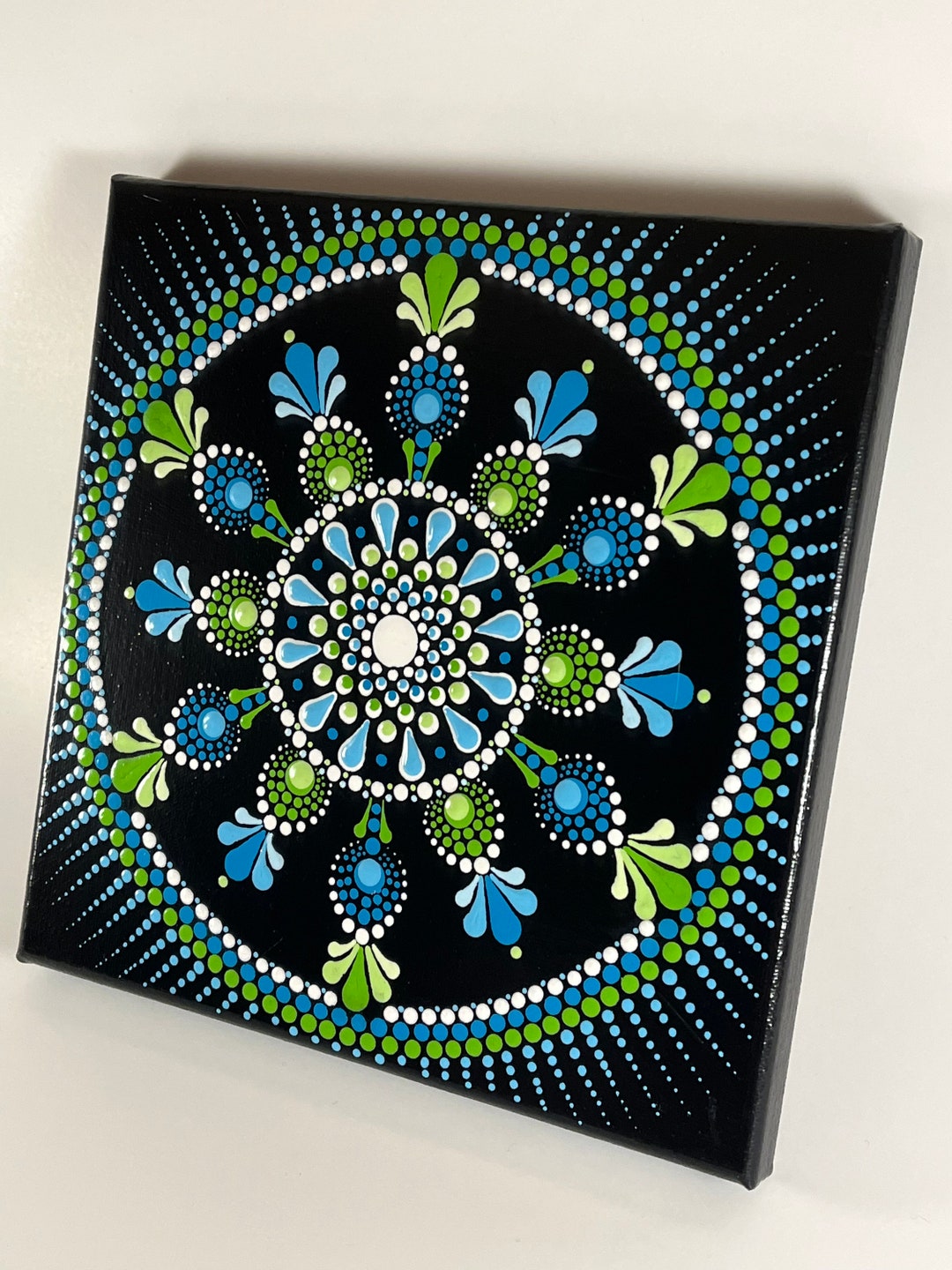 Dot Art Mandala, 8x8 Inch Square Stretched Canvas - Blues and Greens on ...